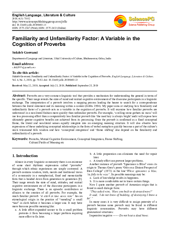 (PDF) Familiarity and Unfamiliarity Factor: A Variable in the Cognition ...