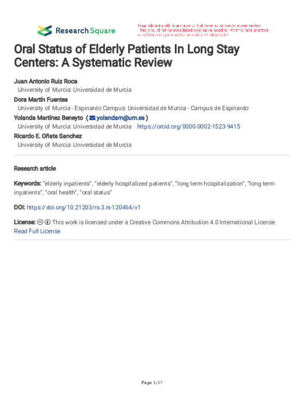 Pdf Oral Status Of Elderly Patients Inlong Stay Centers A Systematic Review