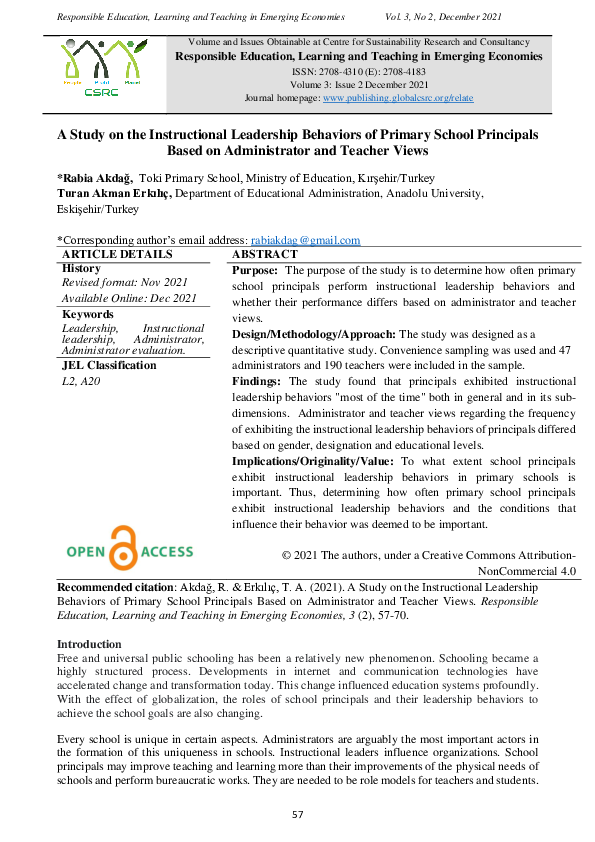 (PDF) A Study on the Instructional Leadership Behaviors of Primary School Principals According ...