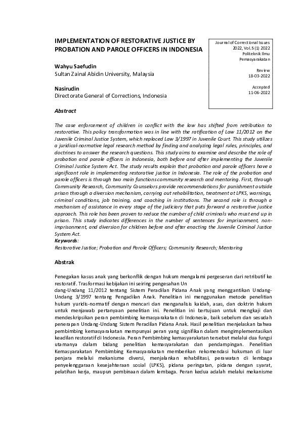 (PDF) Implementation of Restorative Justice by Probation and Parole Officers in Indonesia
