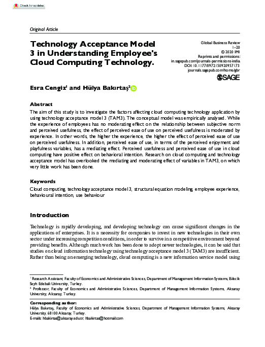 (PDF) Technology Acceptance Model 3 in Understanding Employee's Cloud ...