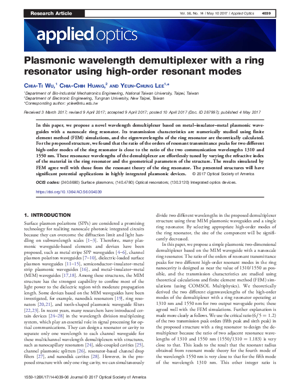 (PDF) Plasmonic wavelength demultiplexer with a ring resonator using high-order resonant modes