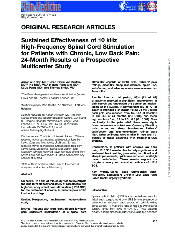 (PDF) Sustained Effectiveness of 10 kHz High-Frequency Spinal Cord ...