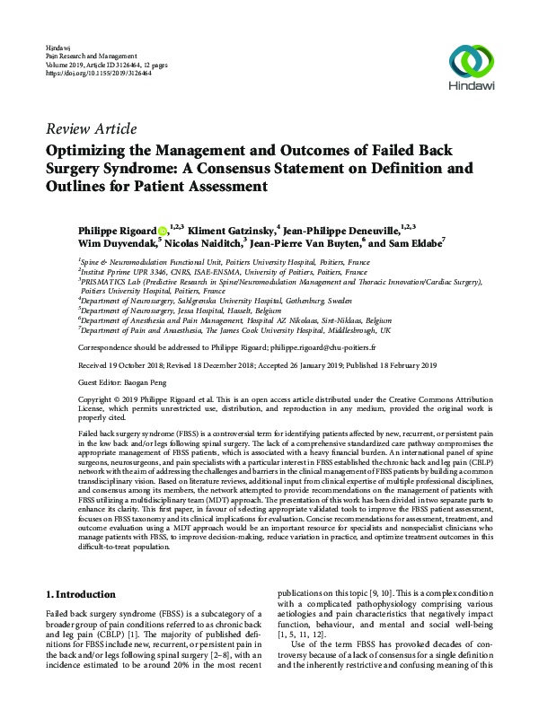 (PDF) Optimizing the Management and Outcomes of Failed Back Surgery ...