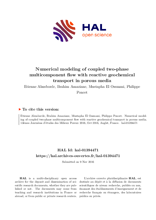 Pdf Numerical Modeling Of Coupled Two Phase Multicomponent Flow With Reactive Geochemical