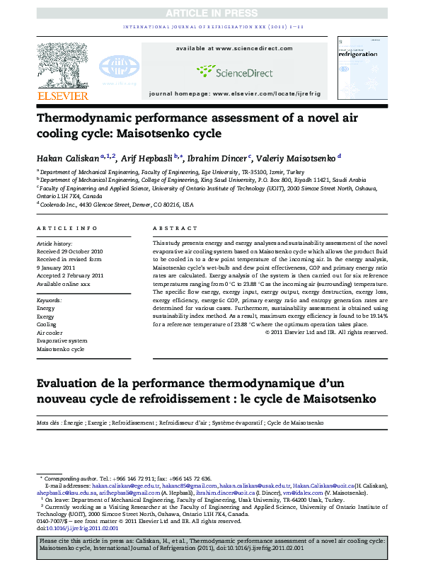 (PDF) Thermodynamic performance assessment of a novel air cooling cycle ...