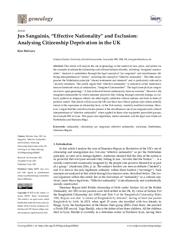 (PDF) Jus Sanguinis, “Effective Nationality” and Exclusion: Analysing ...