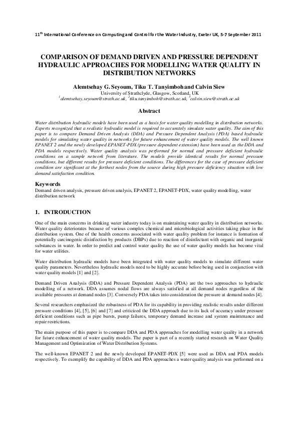(PDF) Comparison of Demand Driven and Pressure Dependent Hydraulic Approaches for Modelling ...
