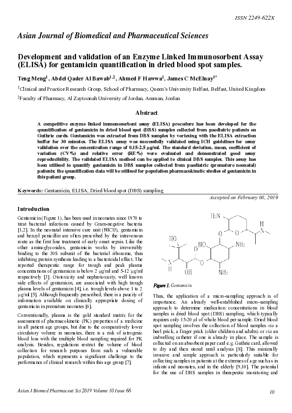 (PDF) Development and validation of an Enzyme Linked Immunosorbent Assay (ELISA) for gentamicin ...