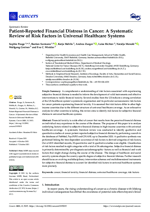 (PDF) Patient-Reported Financial Distress in Cancer: A Systematic ...
