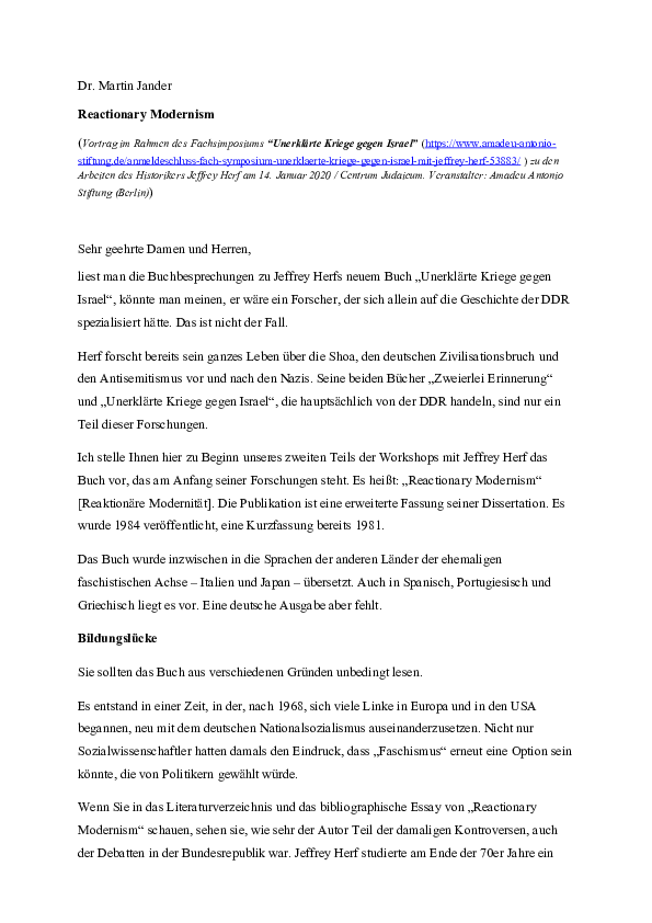 Jeffrey Herf: "Reactionary Modernism"