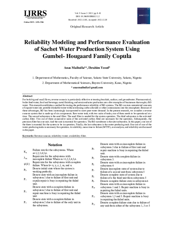 (PDF) Reliability Modeling and Performance Evaluation of Sachet Water Production System Using ...