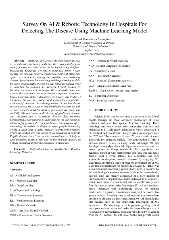 Pdf Survey On Ai And Robotic Technology In Hospitals For Detecting The Disease Using Machine