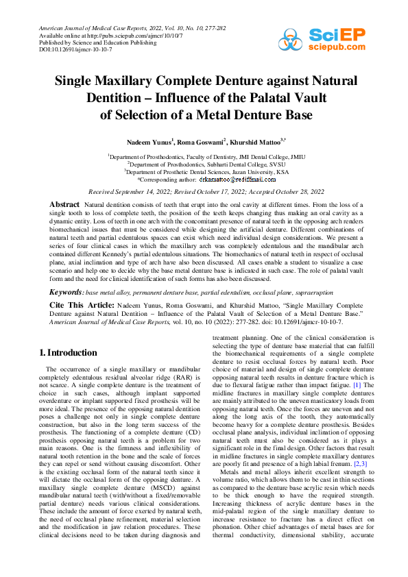 (PDF) Single Maxillary Complete Denture against Natural Dentition ...