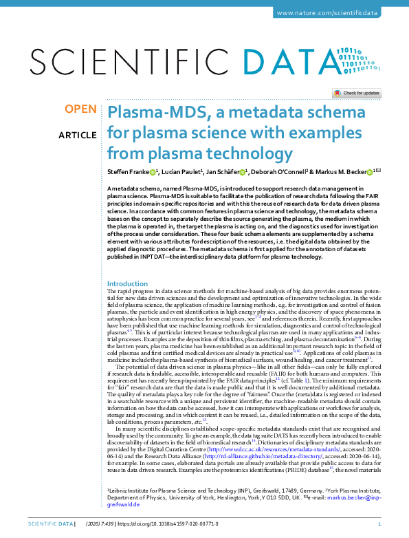 (PDF) Plasma-MDS, a metadata schema for plasma science with examples ...