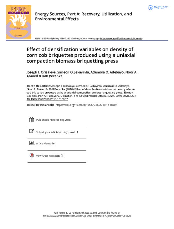 (PDF) Effect of densification variables on density of corn cob ...