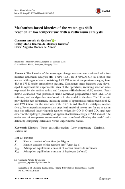 (PDF) Mechanism-based kinetics of the water–gas shift reaction at low ...