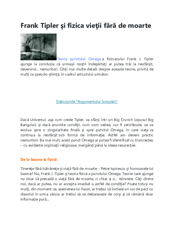 (PDF) Frank Tipler şi fizica vieţii fără de moarte