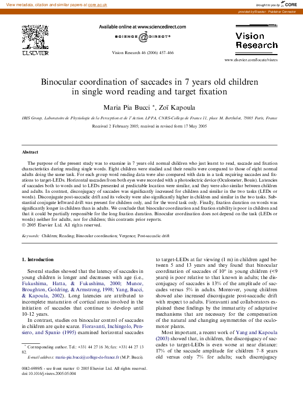 (PDF) Binocular coordination of saccades in 7 years old children in ...
