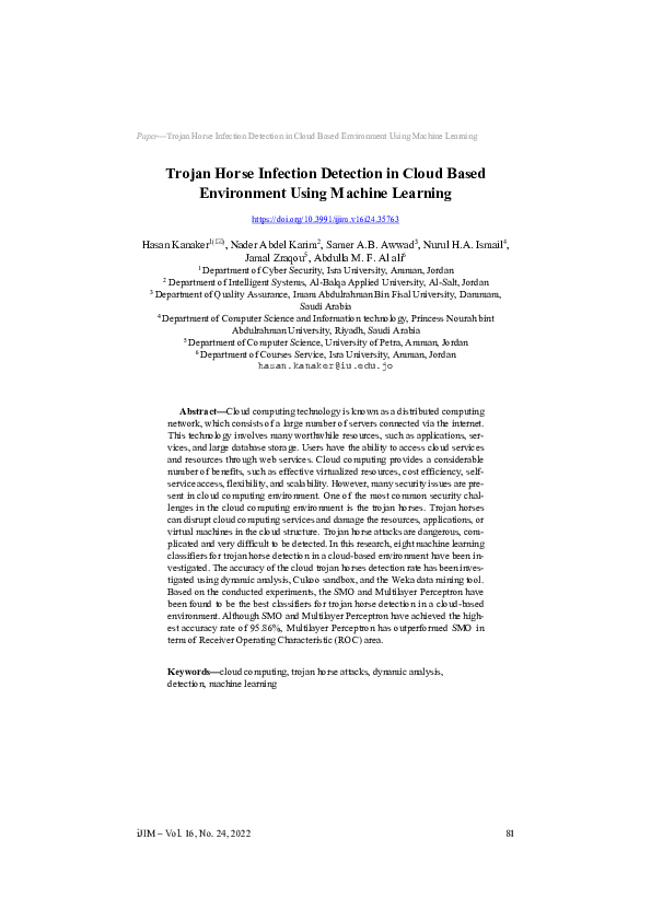 (PDF) Trojan Horse Infection Detection in Cloud Based Environment Using Machine Learning