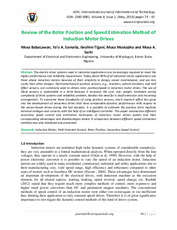 Pdf Review Of The Rotor Position And Speed Estimation Method Of Induction Motor Drives