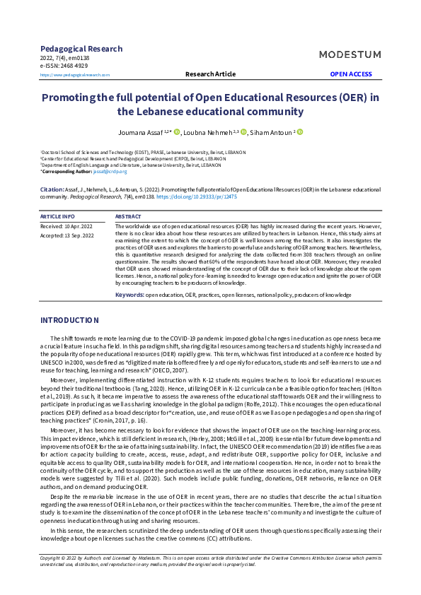 (PDF) Promoting the full potential of Open Educational Resources (OER ...