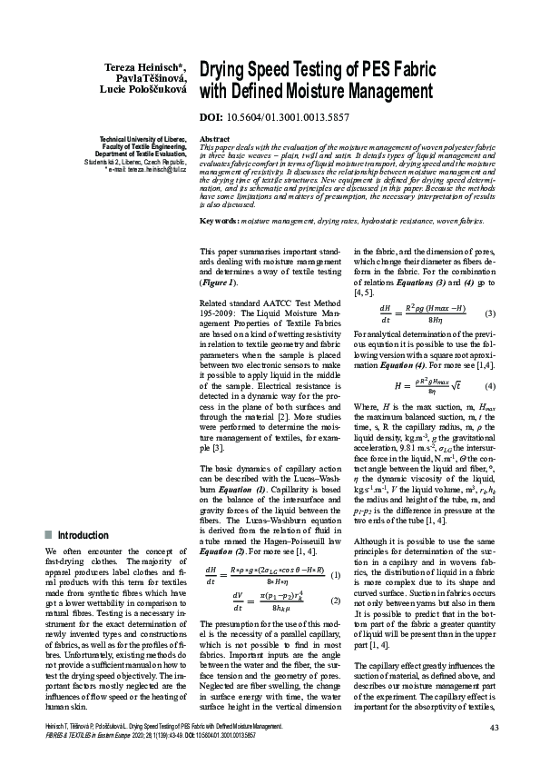 (PDF) Drying Speed Testing of PES Fabric with Defined Moisture Management