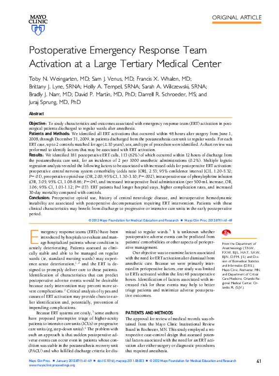 (PDF) Postoperative Emergency Response Team Activation at a Large ...