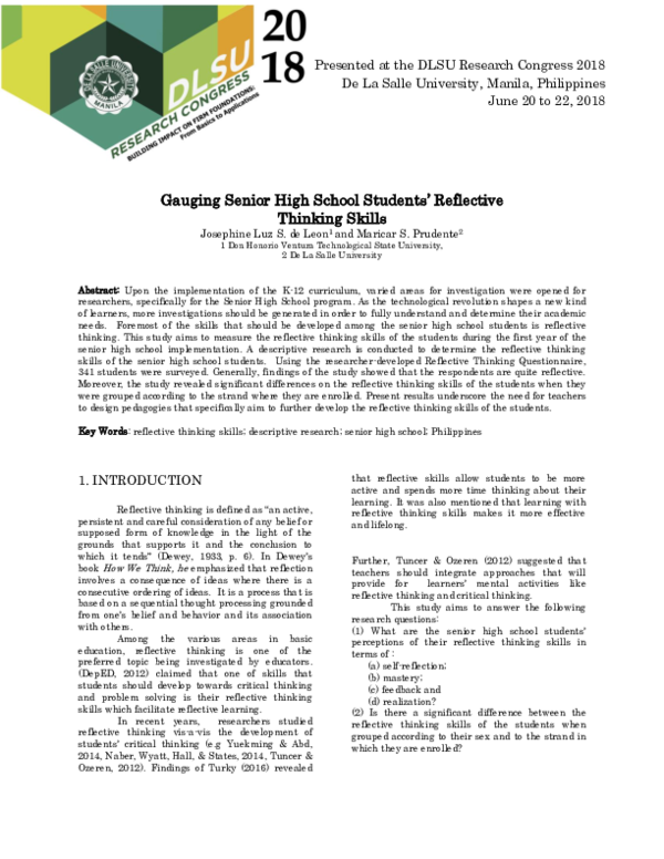 (PDF) Gauging Senior High School Students ’ Reflective Thinking Skills