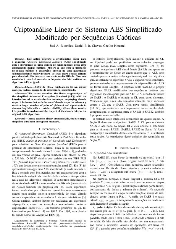 (PDF) Criptoanálise Linear do Sistema AES Simplificado Modificado por Sequências Caóticas