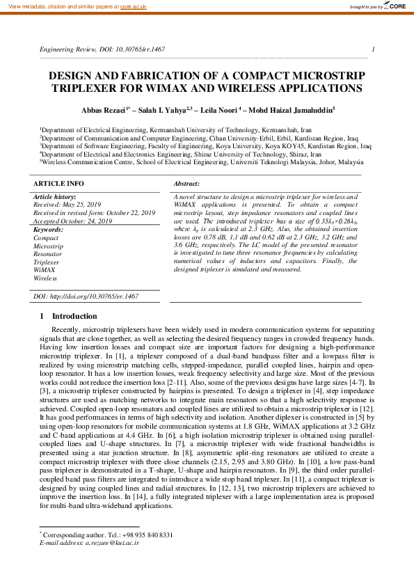 (PDF) Design and fabrication of a compact microstrip triplexer for wimax and wireless applications