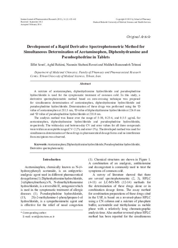 Pdf Development Of A Rapid Derivative Spectrophotometric Method For Simultaneous Determination