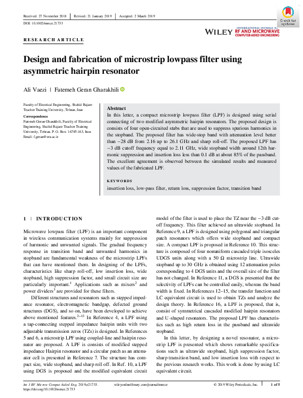 (PDF) Design and fabrication of microstrip lowpass filter using asymmetric hairpin resonator