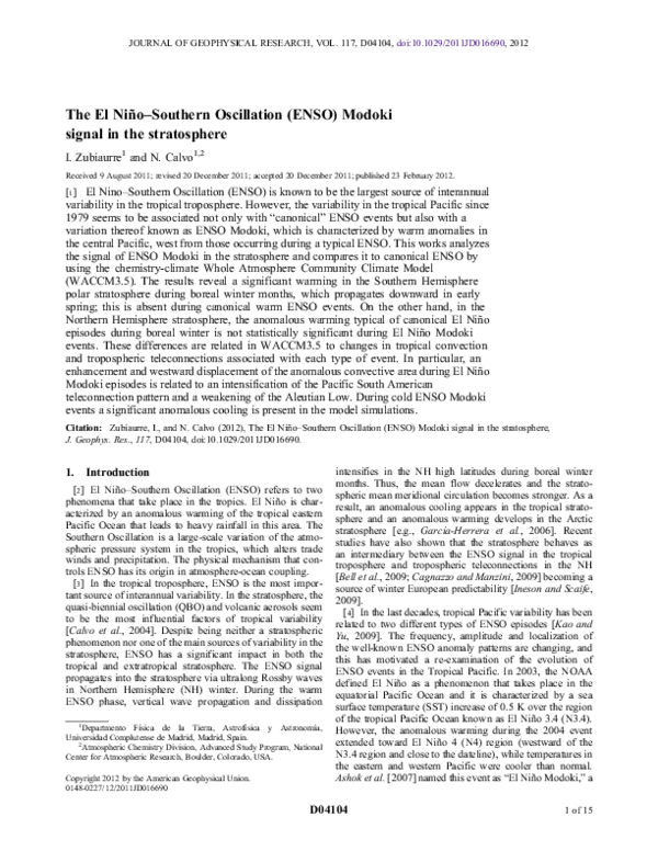 (PDF) The El Niño-Southern Oscillation (ENSO) Modoki signal in the stratosphere