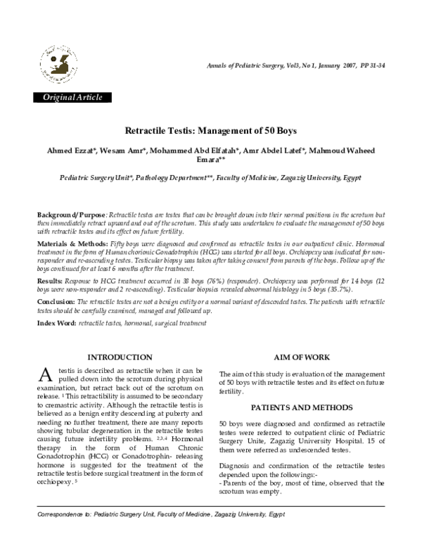 (PDF) Retractile Testis: Management of 50 Boys
