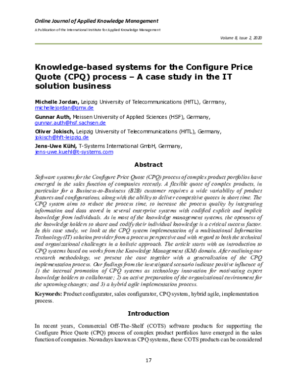 (PDF) Knowledge-based systems for the Configure Price Quote (CPQ) process – A case study in the ...