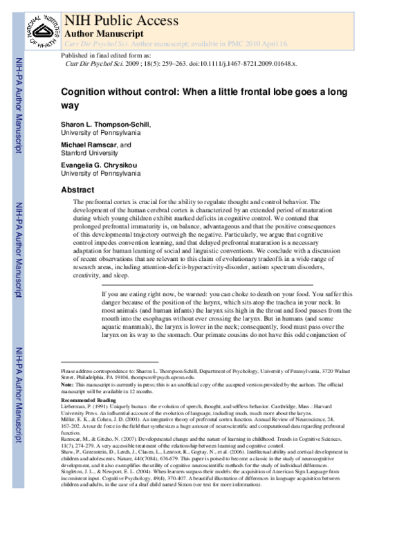 (PDF) Cognition Without Control