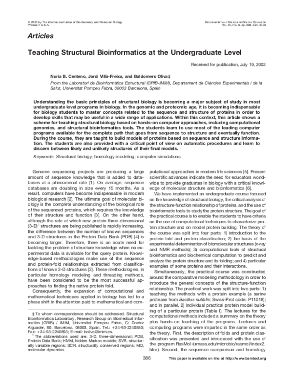 (PDF) Teaching structural bioinformatics at the undergraduate level (PDF) Teaching structural bioinformatics at the undergraduate level