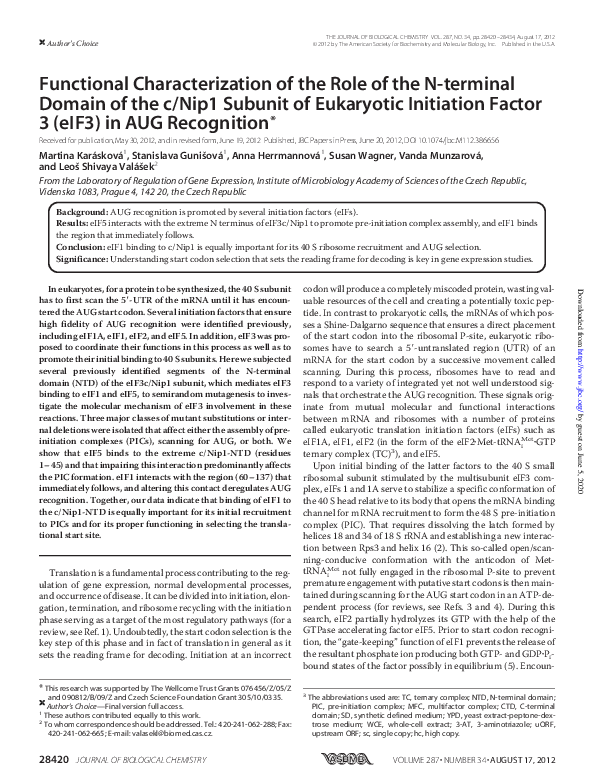 (PDF) Functional Characterization of the Role of the N-terminal Domain of the c/Nip1 Subunit of ...