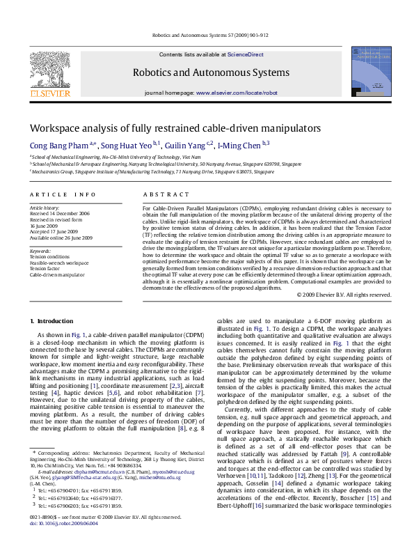 Pdf Workspace Analysis Of Fully Restrained Cable Driven Manipulators