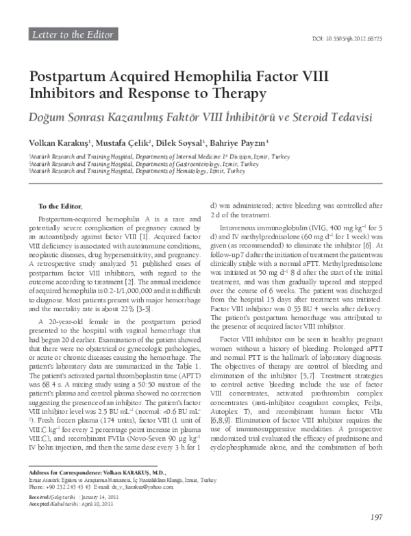 (PDF) Postpartum Acquired Hemophilia Factor VIII Inhibitors and ...