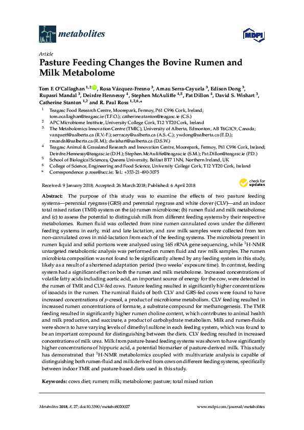 (PDF) Pasture Feeding Changes the Bovine Rumen and Milk Metabolome