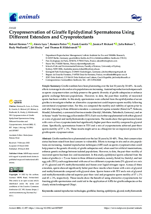 (PDF) Cryopreservation of Giraffe Epidydimal Spermatozoa Using ...
