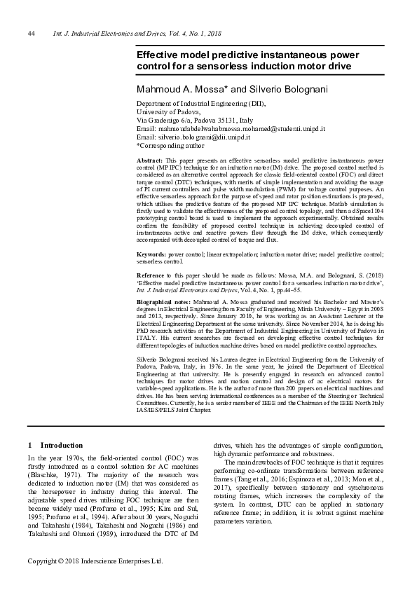 Pdf Effective Model Predictive Instantaneous Power Control For A Sensorless Induction Motor Drive