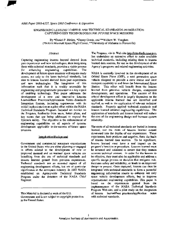 Pdf Engineering Lessons Learned And Technical Standards Integration