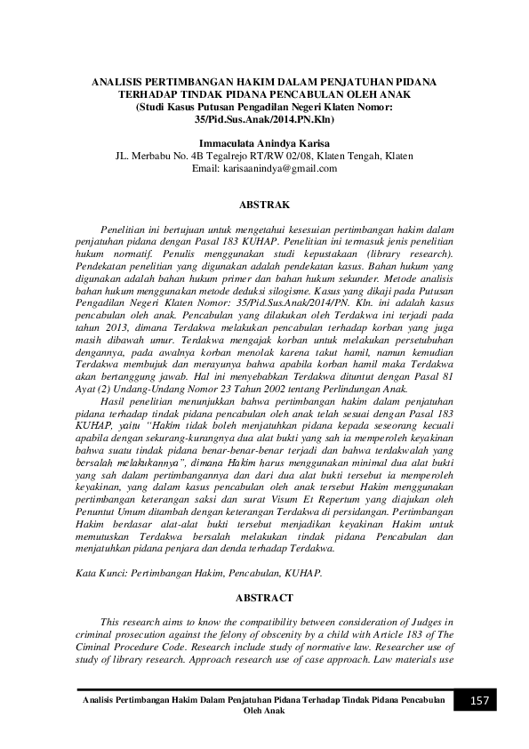 (PDF) ANALISIS PERTIMBANGAN HAKIM DALAM PENJATUHAN PIDANA TERHADAP TINDAK PIDANA PENCABULAN OLEH ...
