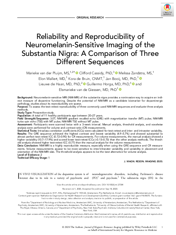 (PDF) Reliability and Reproducibility of Neuromelanin‐Sensitive Imaging ...