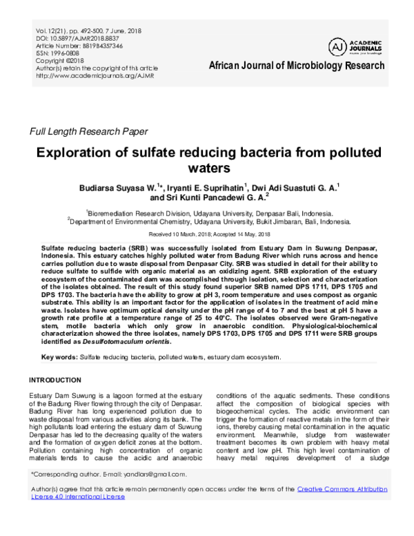 (PDF) Exploration of sulfate reducing bacteria from polluted waters