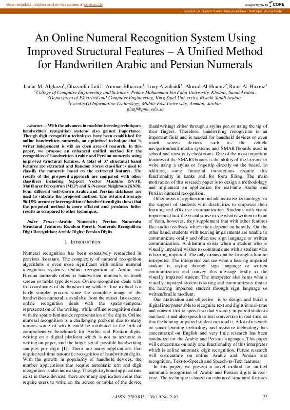 (PDF) An Online Numeral Recognition System Using Improved Structural Features – A Unified Method ...