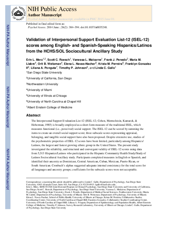 (PDF) Validation of Interpersonal Support Evaluation List-12 (ISEL-12) scores among English- and ...